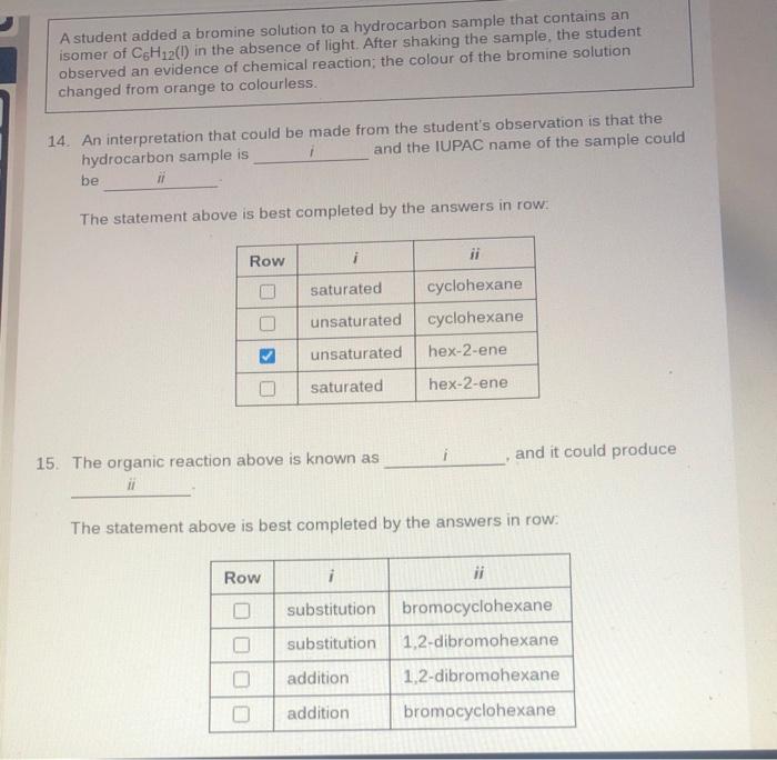 Solved A student added a bromine solution to a hydrocarbon | Chegg.com