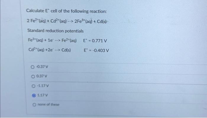 Solved Calculate E′ Cell Of The Following Reaction