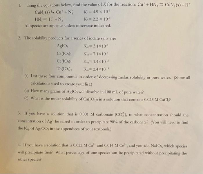 Solved 1. Using the equations below, find the value of K for | Chegg.com