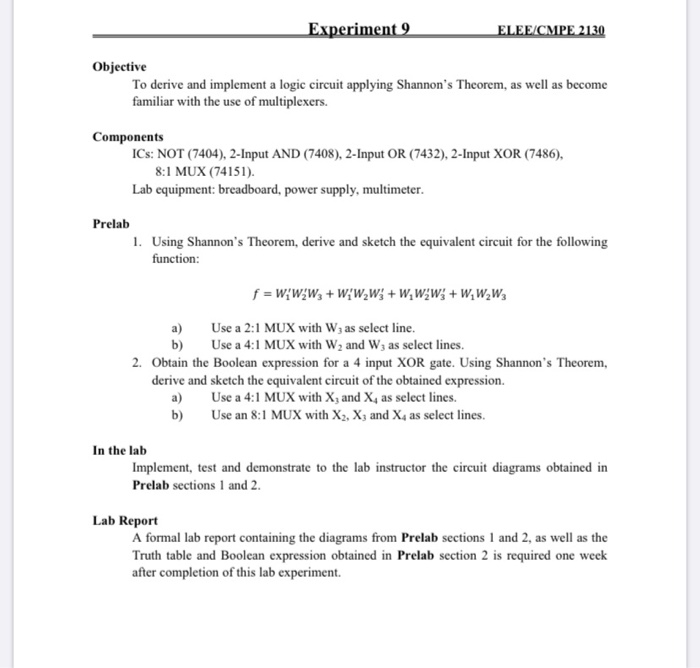 Solved Experiment 9 ELEE/CMPE 2130 Objective To derive and | Chegg.com