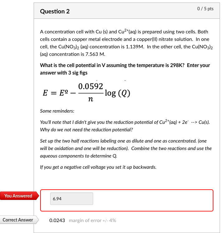 Solved Question 2A concentration cell with Cu(s) ﻿and | Chegg.com