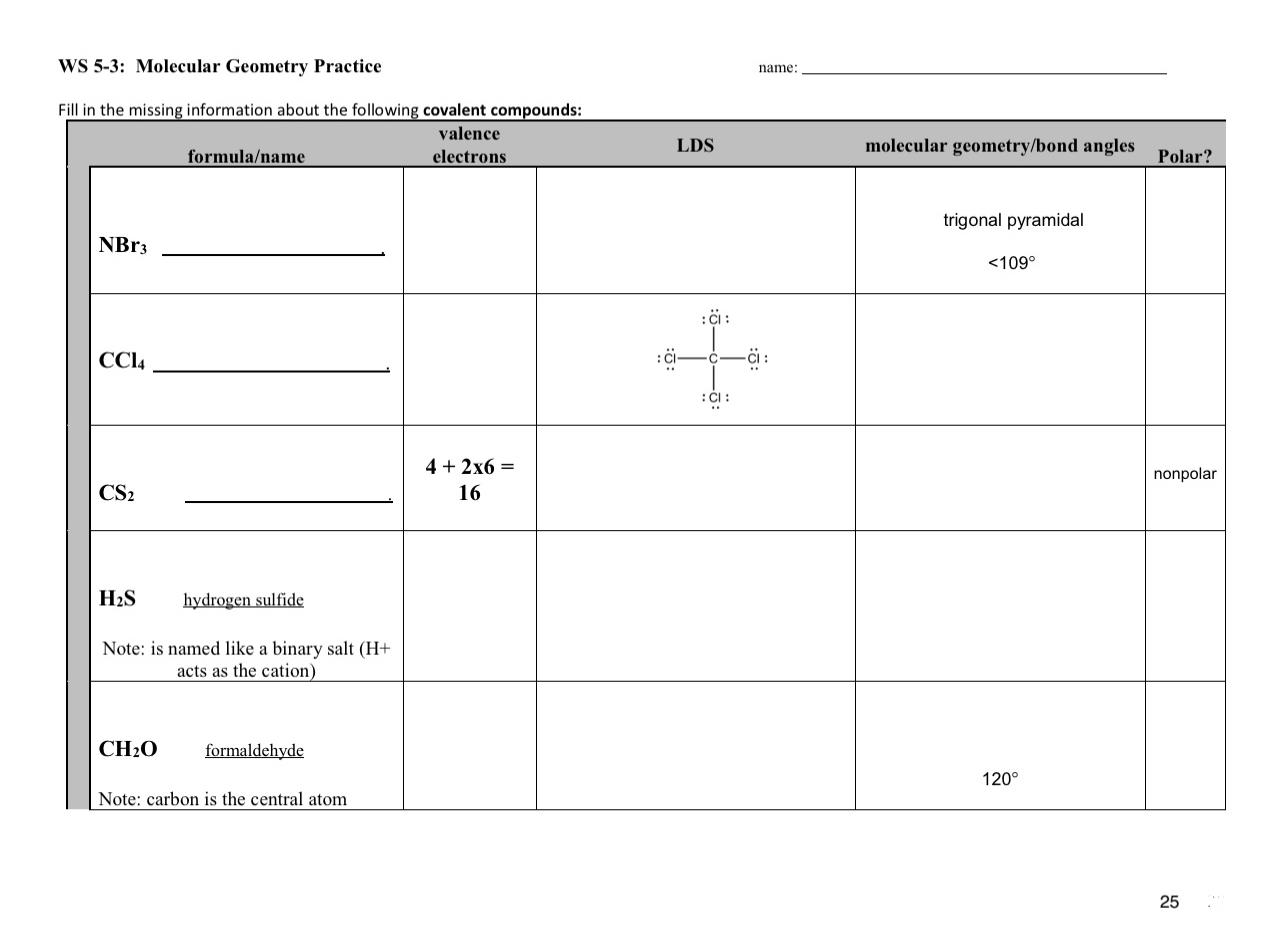 Solved WS 5-3: Molecular Geometry PracticenameFill in the | Chegg.com
