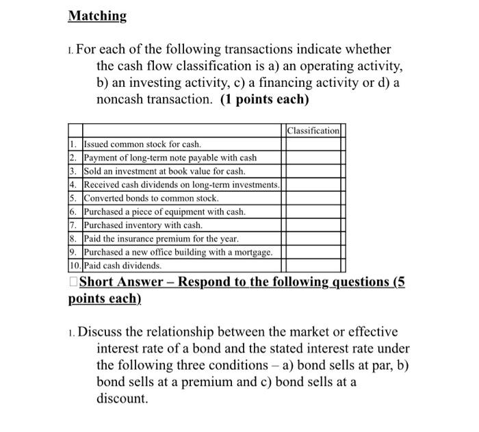 Solved Matching 1. For each of the following transactions | Chegg.com