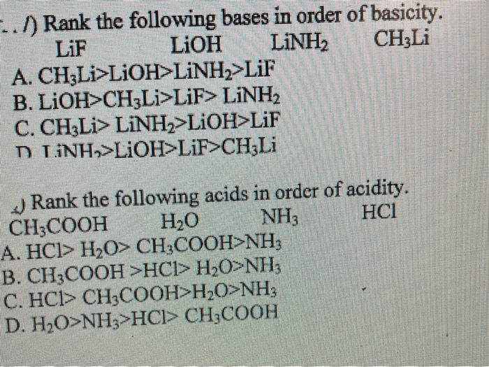 Solved ...) Rank the following bases in order of basicity. | Chegg.com