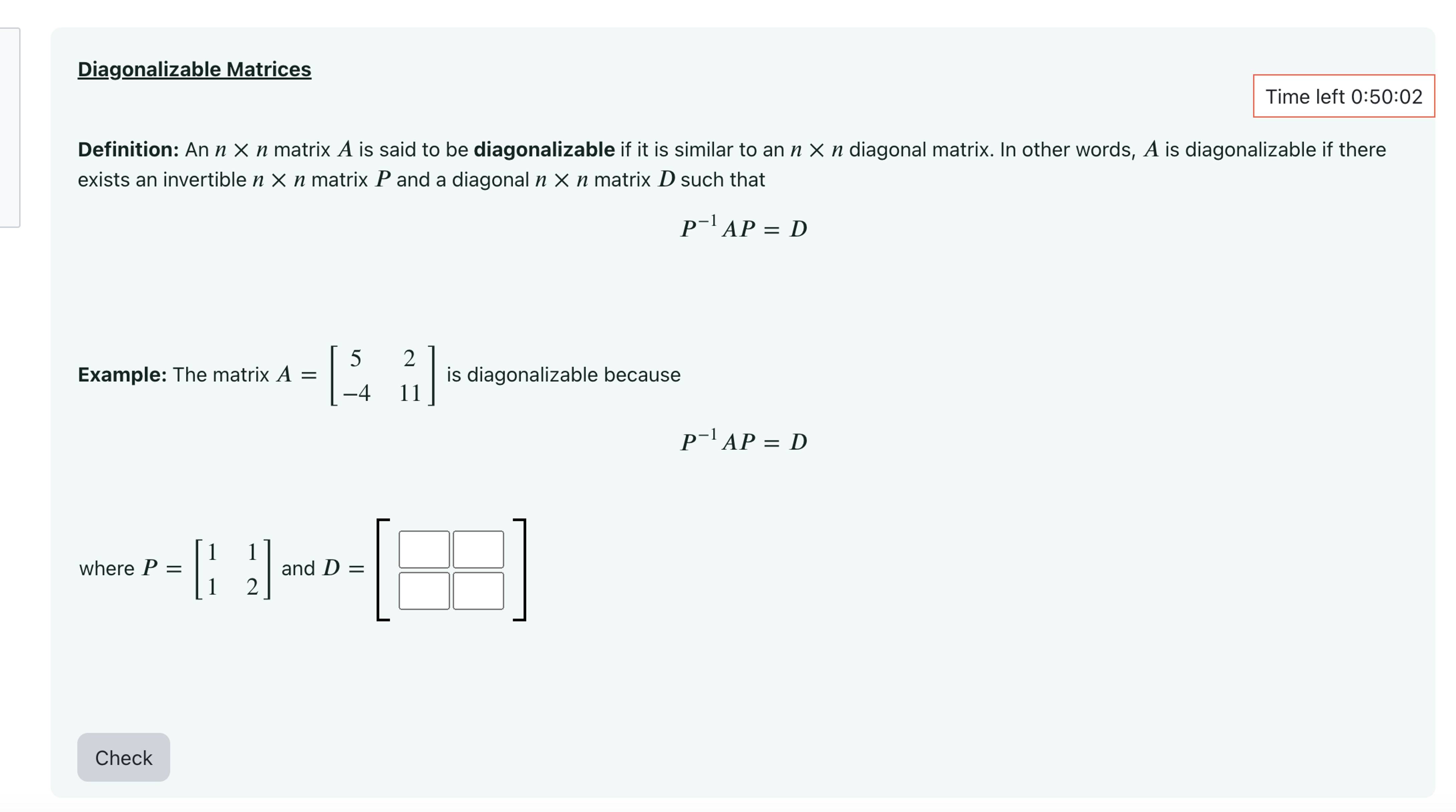 Solved Diagonalizable MatricesTime left 0:50:02Definition: | Chegg.com