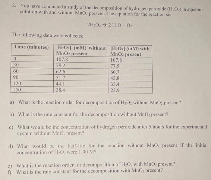 Solved 2. You have conducted a study of the decomposition of | Chegg.com