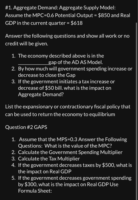 Solved #1. Aggregate Demand: Aggregate Supply Model: Assume | Chegg.com