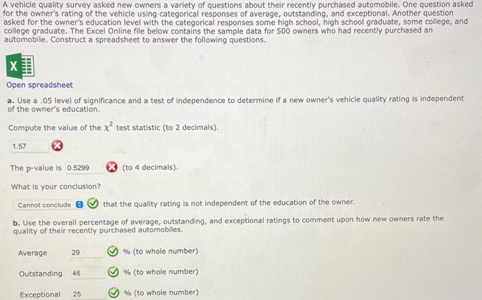 Solved A vehicle quality survey asked new owners a variety | Chegg.com