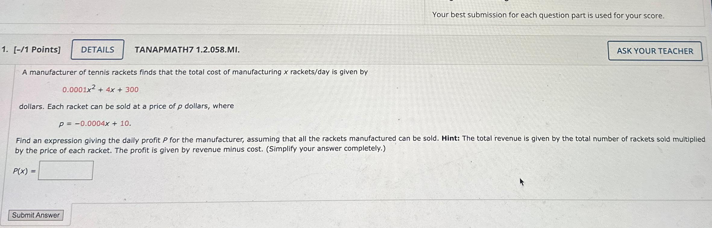 Solved Your best submission for each question part is used | Chegg.com
