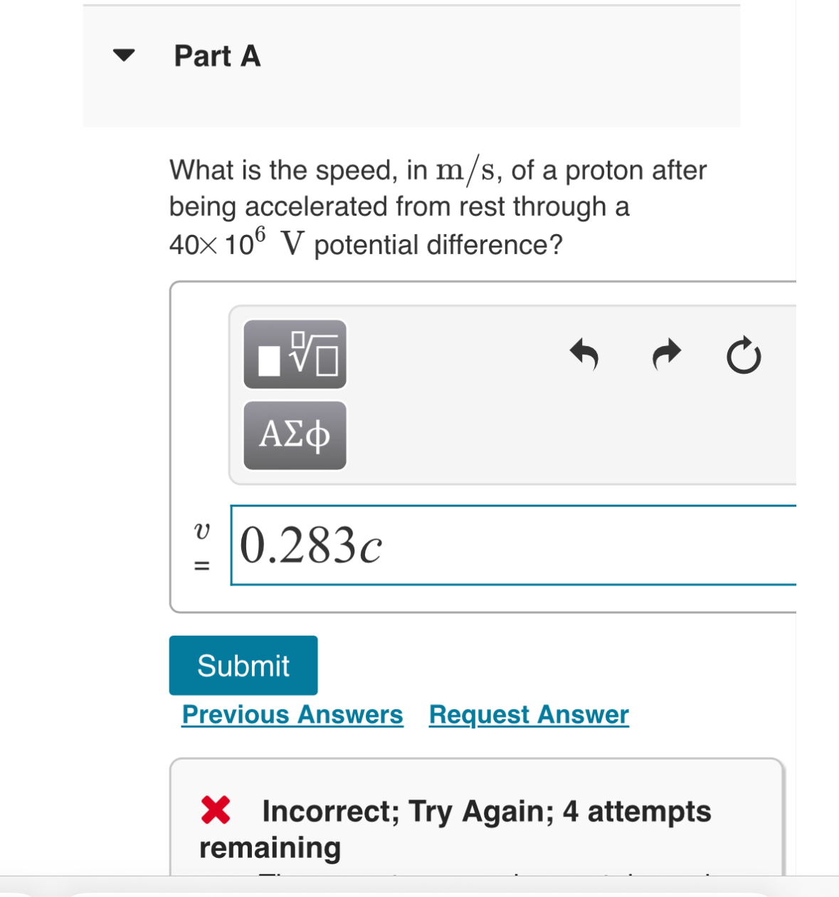 Solved Part AWhat is the speed, in ms, ﻿of a proton after | Chegg.com