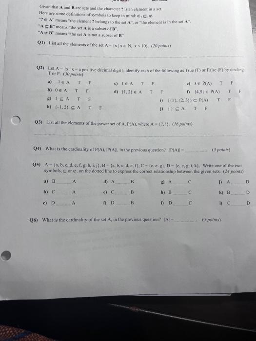 Solved Given that A and B are sets and the character ? is an | Chegg.com