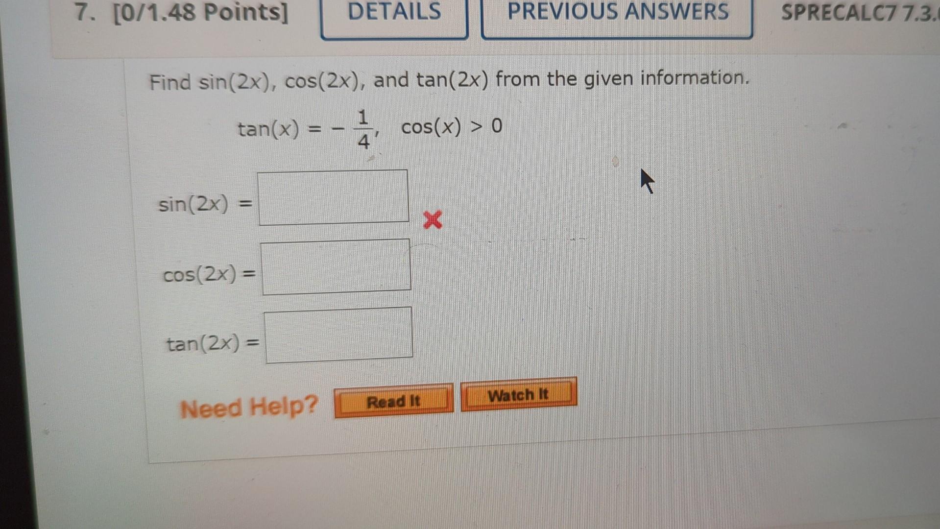 Solved Find sin(2x),cos(2x), and tan(2x) from the given | Chegg.com