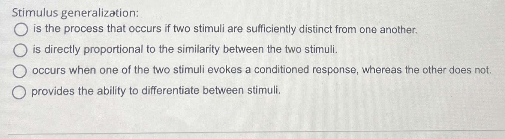 Solved Stimulus generalization:is the process that occurs if | Chegg.com
