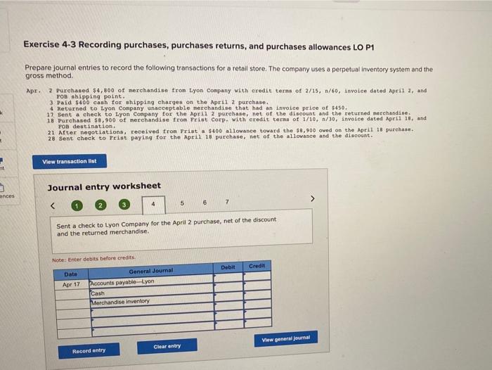 Solved Exercise 4-3 Recording purchases, purchases returns, | Chegg.com