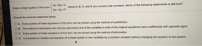 Solved Given a linear system of the form Ax + ByC Dx+Ey - F | Chegg.com