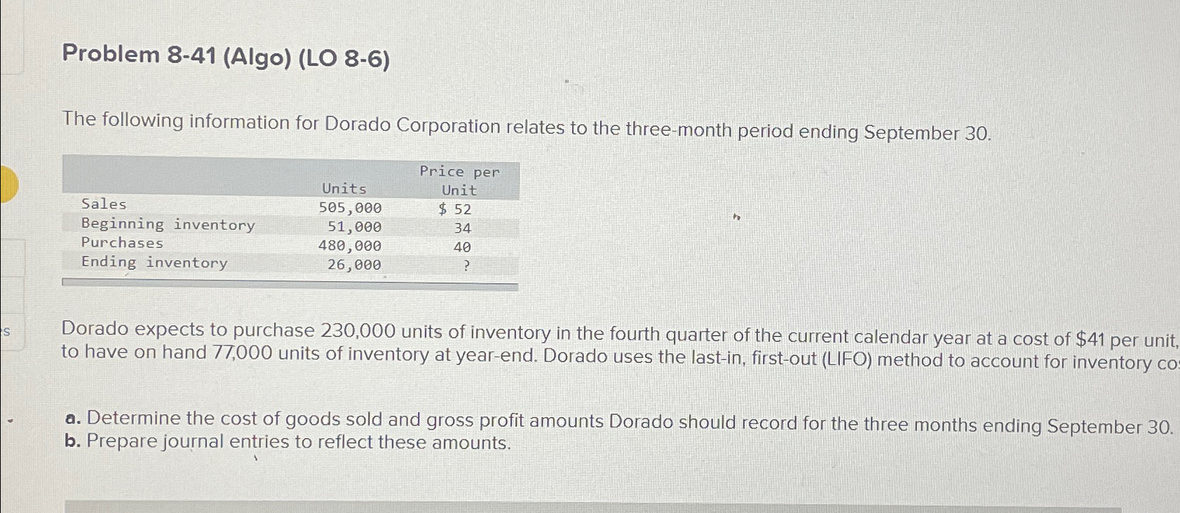 Solved Problem 8-41 (Algo) (LO 8-6)The following information | Chegg.com