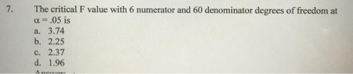 Solved 7. The critical F value with 6 numerator and 60 | Chegg.com