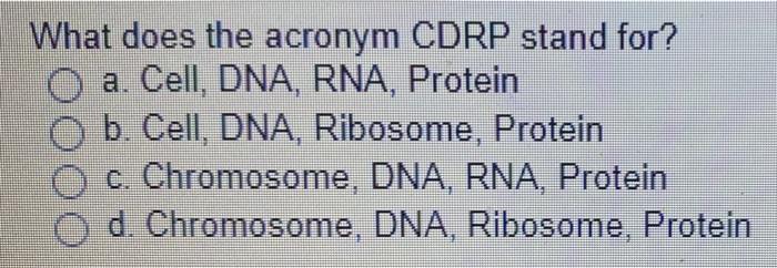 Solved What does the acronym CDRP stand for? a. Cell, DNA, | Chegg.com