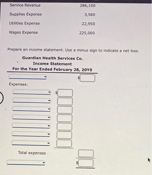 Solved Income Statement: Net Loss The following revenue and | Chegg.com