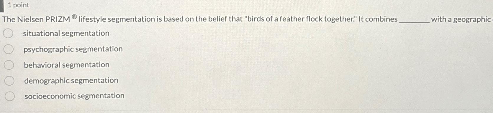 Solved 1 ﻿pointThe Nielsen PRIZM ?® ﻿lifestyle segmentation | Chegg.com