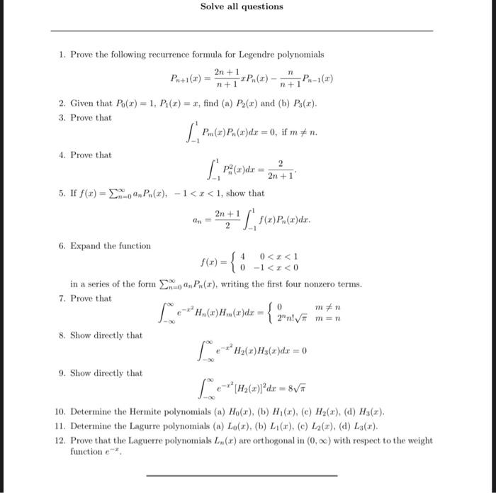 Solved 1. Prove the following recurrence formula for | Chegg.com