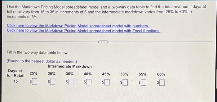 Solved Use the Markdown Pricing Model spreadsheet model and | Chegg.com