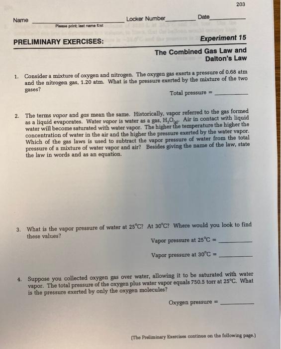 Solved 203 Name Locker Number Date Please print last namest | Chegg.com