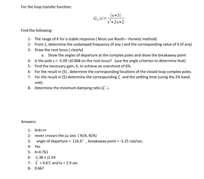 Solved For the loop transfer function: GL(s)=s2+2s+2(s+3) | Chegg.com