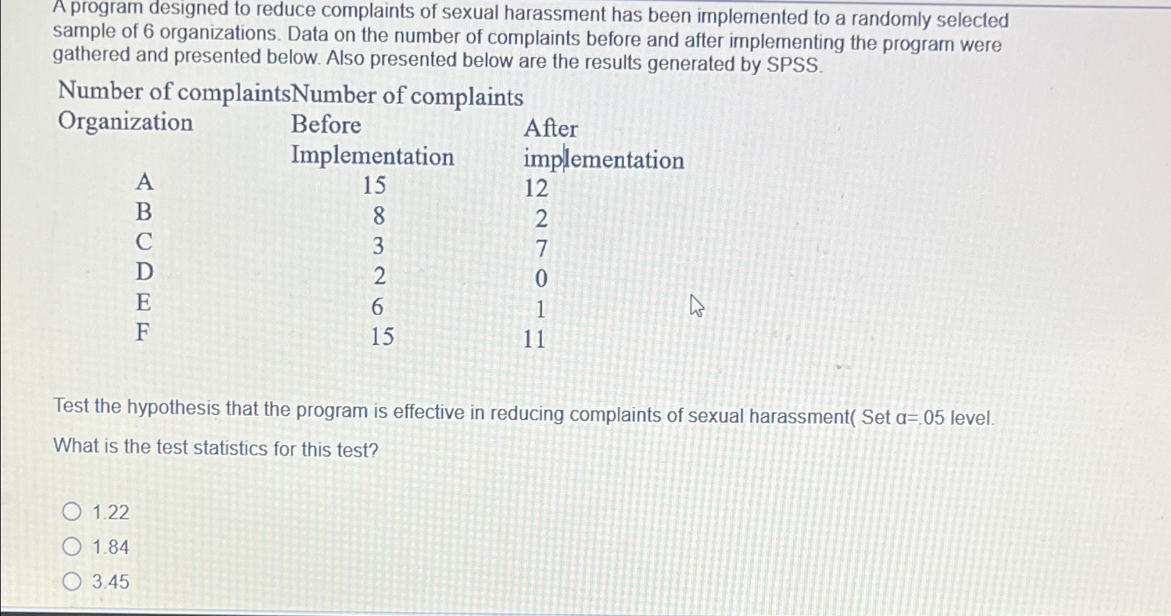 Solved A program designed to reduce complaints of sexual | Chegg.com