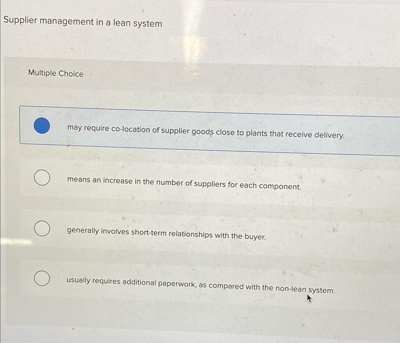 Solved Supplier management in a lean systemMultiple | Chegg.com