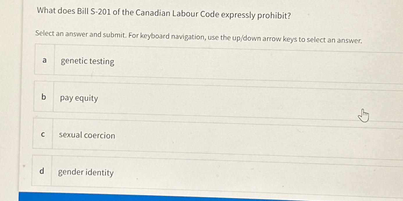 Solved What does Bill S-201 ﻿of the Canadian Labour Code | Chegg.com