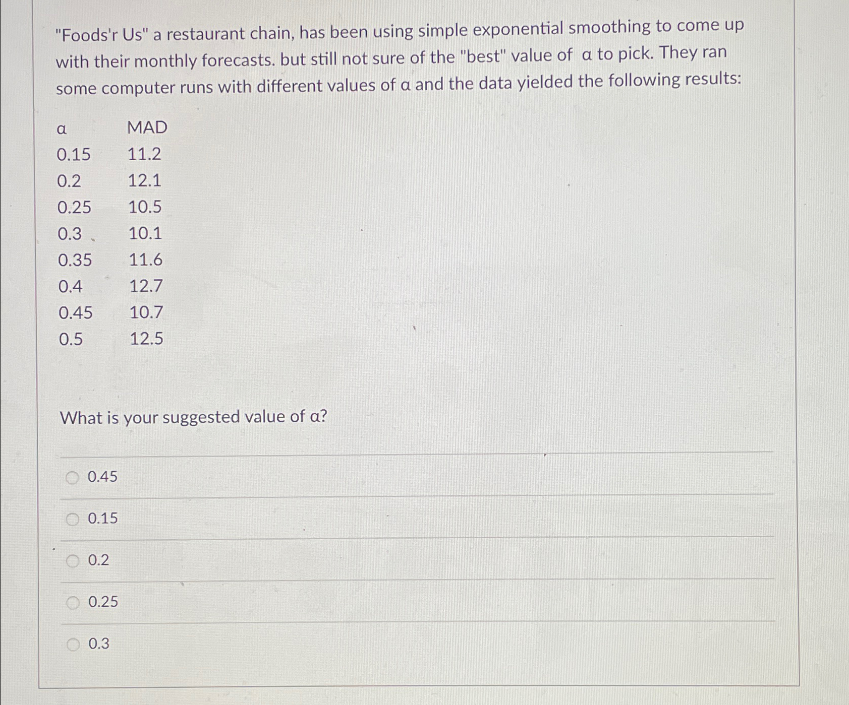 Solved "Foods'r Us" ﻿a restaurant chain, has been using | Chegg.com