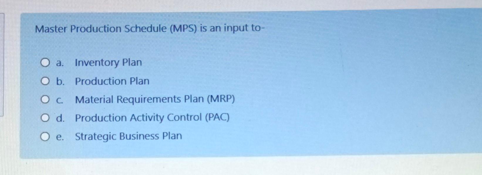Solved Master Production Schedule (MPS) is an input to- a. | Chegg.com