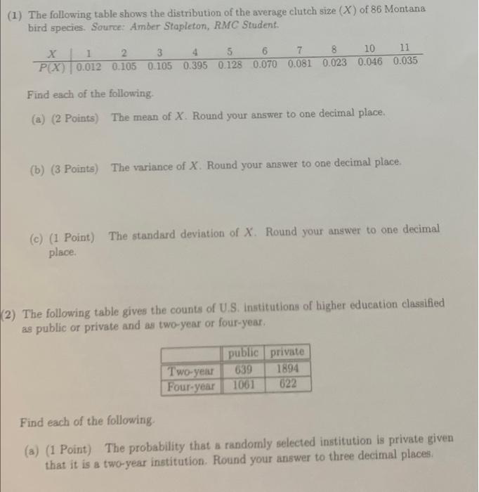 (1) The following table shows the distribution of the | Chegg.com