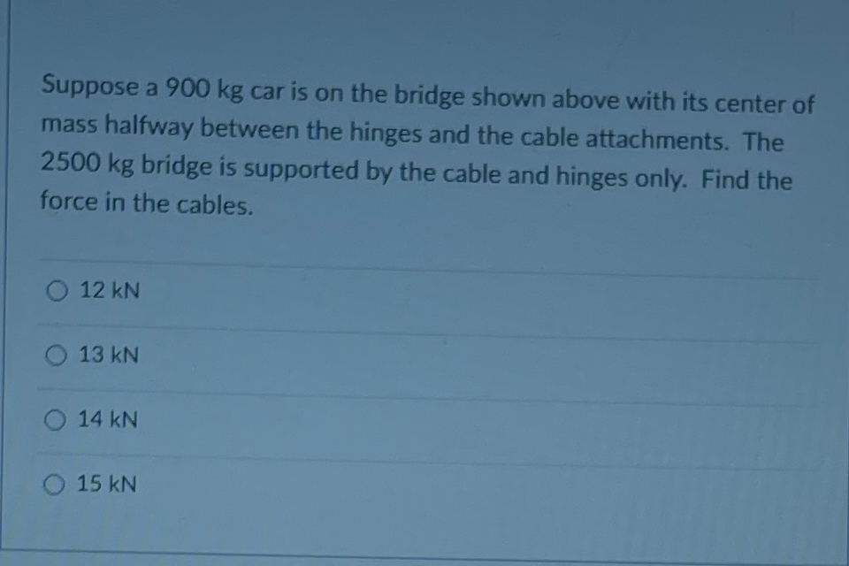 Solved Suppose a 900kg ﻿car is on the bridge shown above | Chegg.com