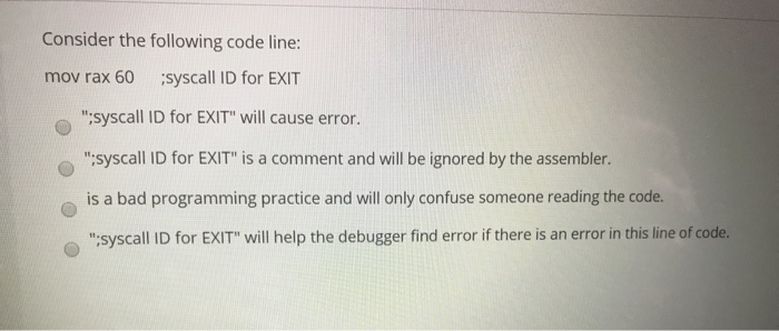 Solved Consider the following code line: mov rax 60 syscall | Chegg.com