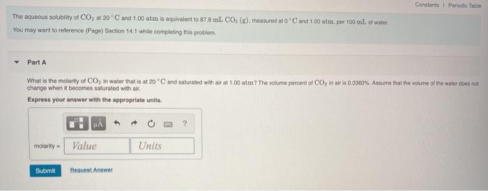 Solved Constants Porodic Table The aqueous solubility of CO2 | Chegg.com