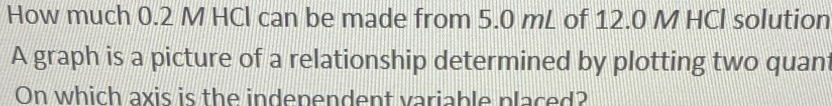 Solved How much 0.2MHCl ﻿can be made from 5.0mL ﻿of 12.0MHCl | Chegg.com