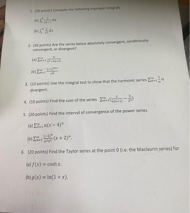 1. (20 points) Compute the following improper | Chegg.com