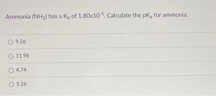 Solved Ammonia (NH3) has a Kb of 1.80x10-5. Calculate the | Chegg.com