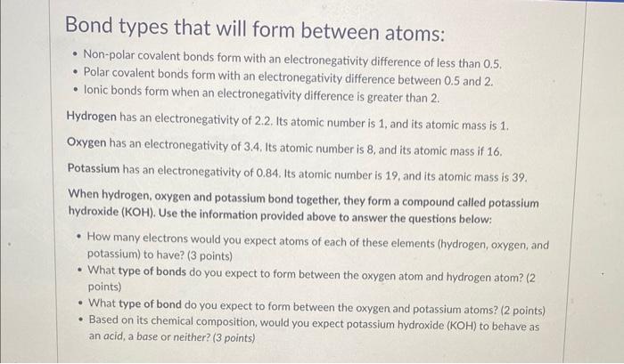 Solved Bond types that will form between atoms: - Non-polar | Chegg.com