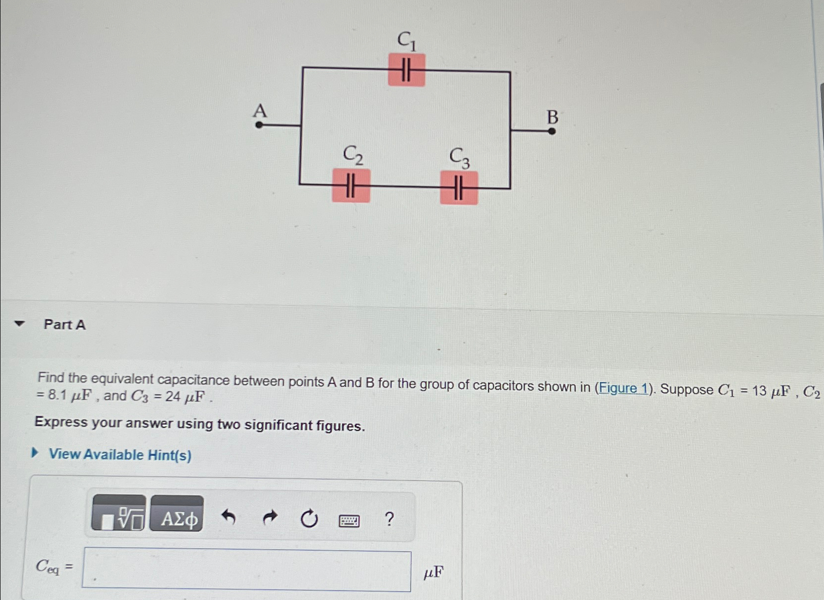 Solved Part AFind the equivalent capacitance between points | Chegg.com