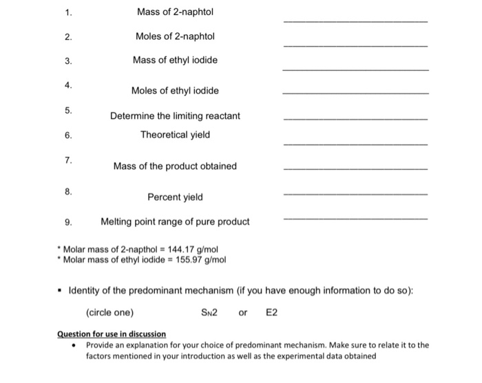 Solved Mass of 2-naphtol Moles of 2-naphtol Mass of ethyl | Chegg.com