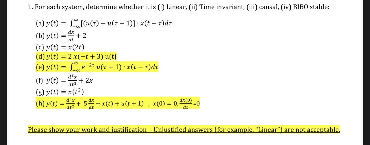 Solved For each system, determine whether it is (i) ﻿Linear, | Chegg.com