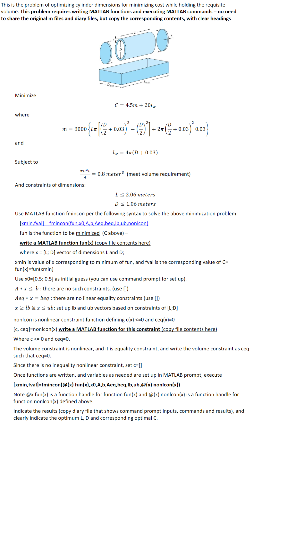 Solved This is the problem of optimizing cylinder dimensions | Chegg.com