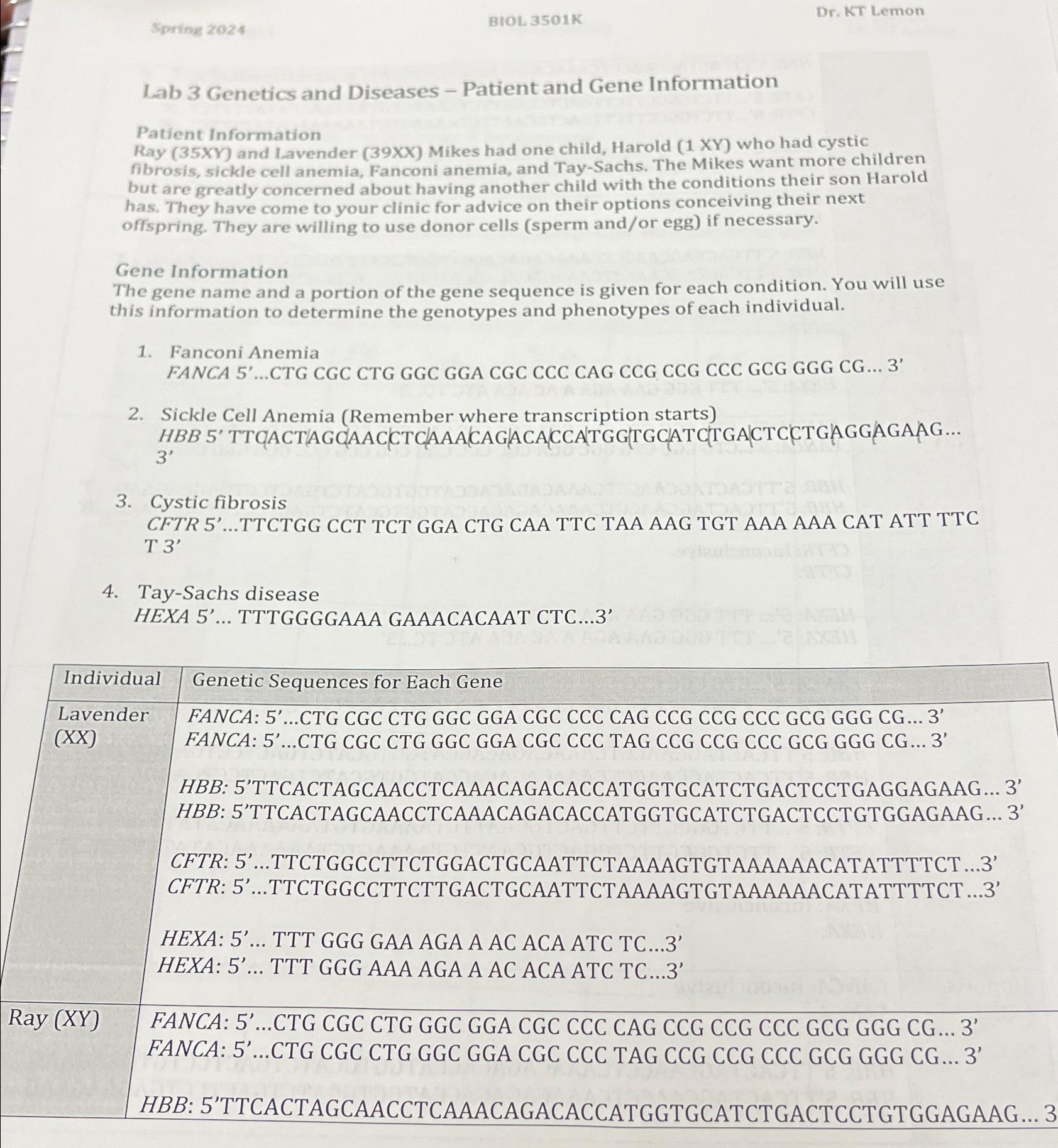 Solved Lab 3 ﻿Genetics and Diseases - ﻿Patient and Gene | Chegg.com