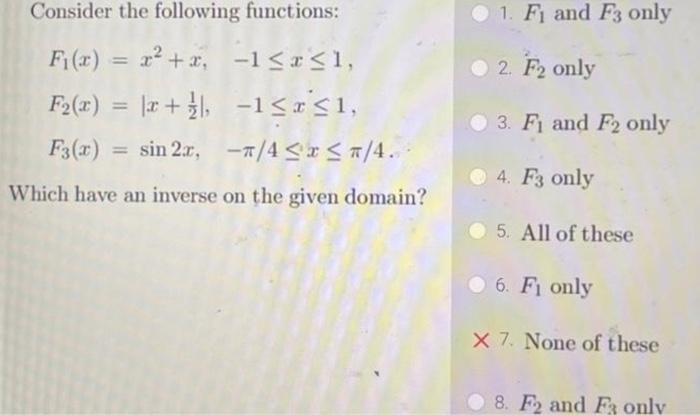 Solved Consider the following functions: 1. F1 and F3 only | Chegg.com