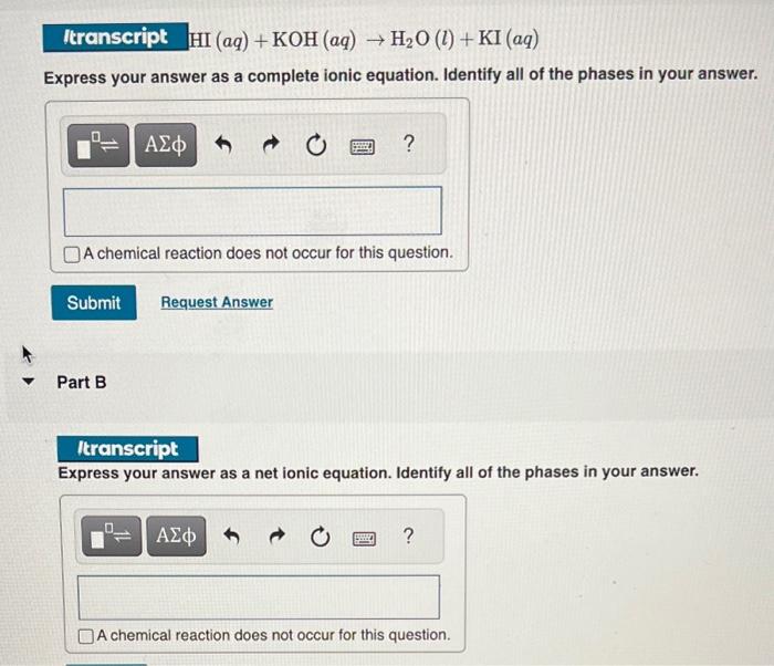 Solved HI(aq)+KOH(aq)→H2O(l)+KI(aq) Express your answer as a | Chegg.com