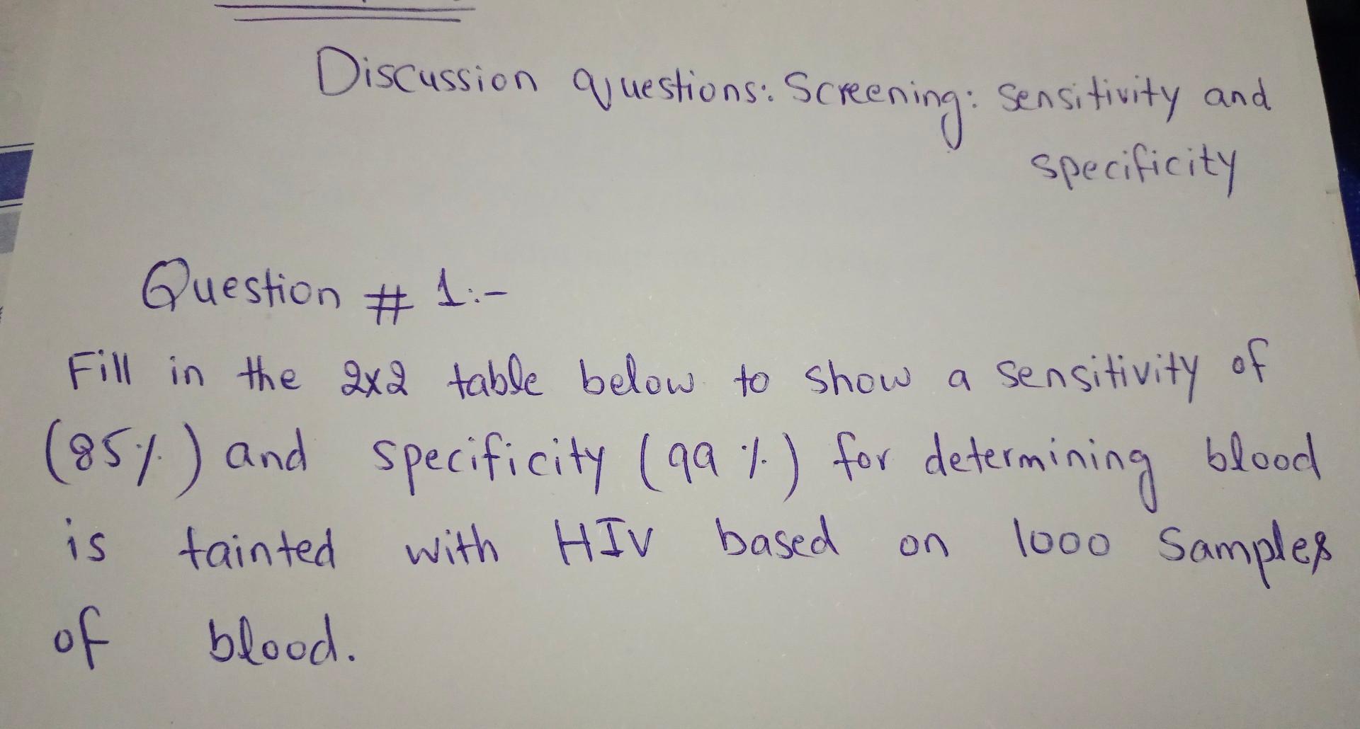 Solved ill in the 2×2 table below to show a sensitivity of | Chegg.com