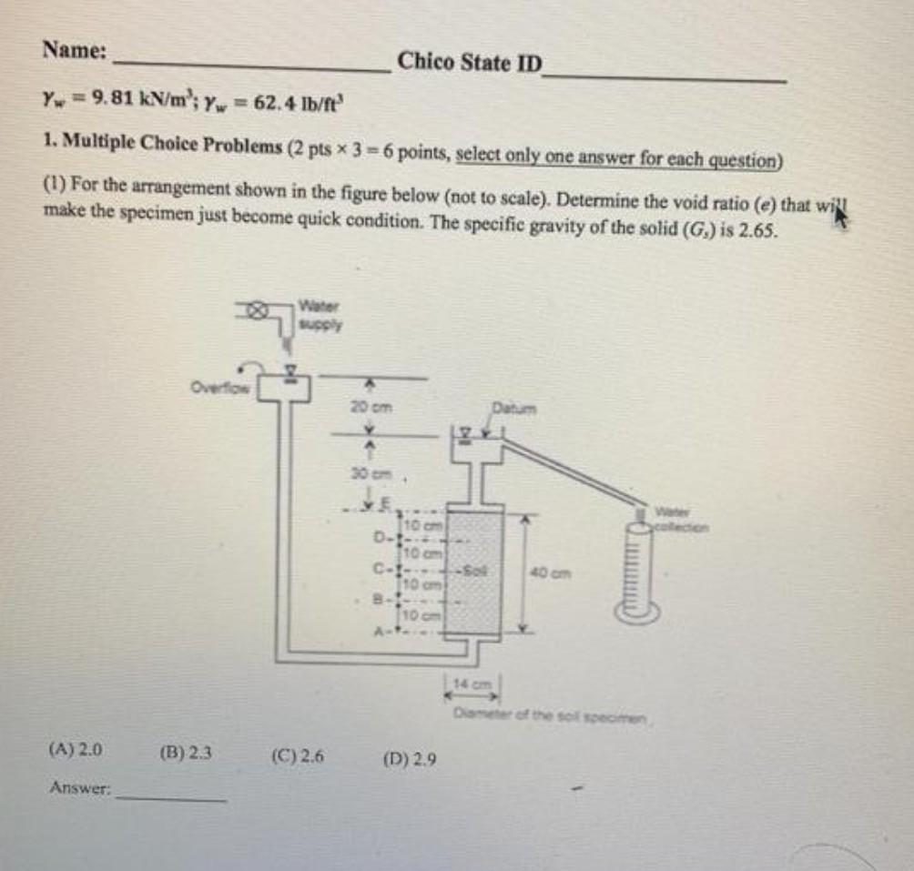 Solved Name: Chico State ID Y = 9.81 kN/m'; Y = 62.4 lb/ft' | Chegg.com